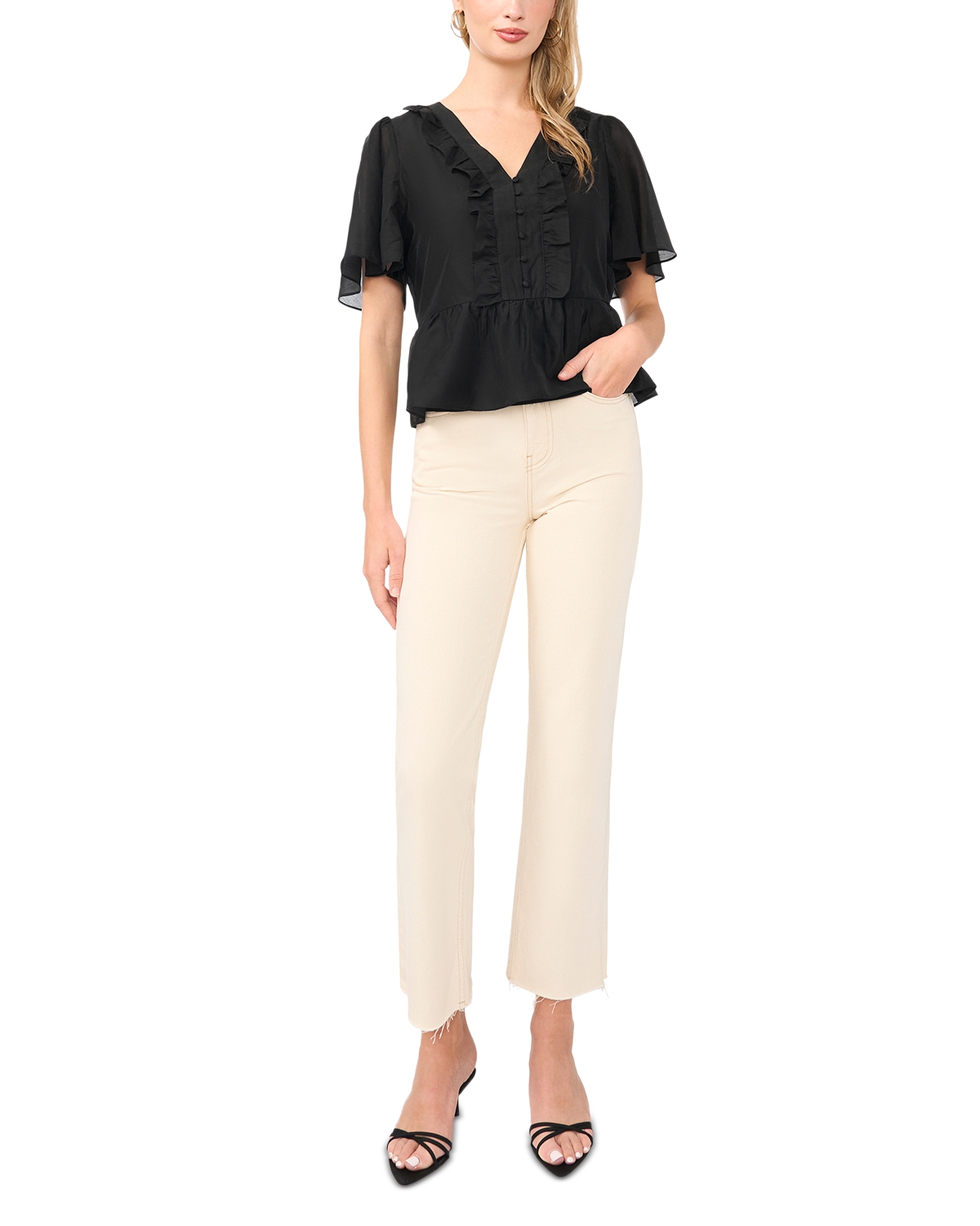 VINCE CAMUTO Vince Camuto V Neck Double Ruffle Button Down Top
